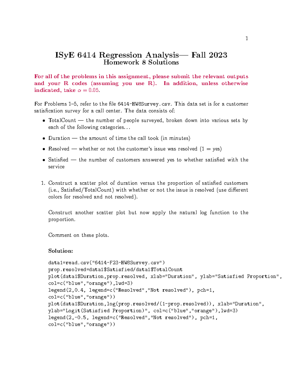 6414-hw8-f23 Solutions v2 - ISyE 6414 Regression Analysis— Fall 2023 Homework 8 Solutions For ...
