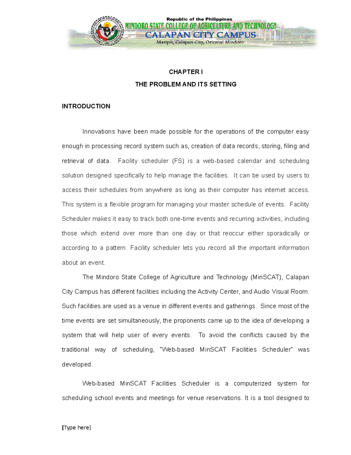 Minscat FAcilities Scheduler 1 - CHAPTER I THE PROBLEM AND ITS SETTING ...