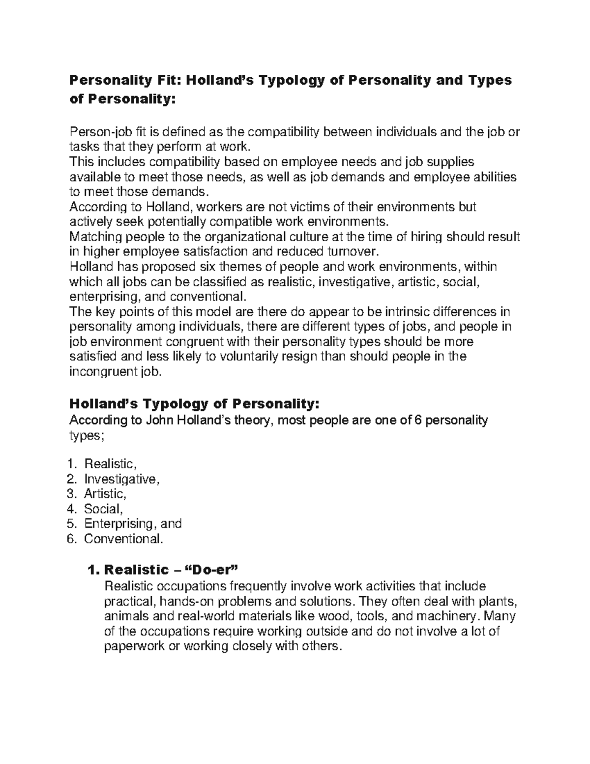 Personality Fit - Personal Development - Personality Fit: Holland’s ...