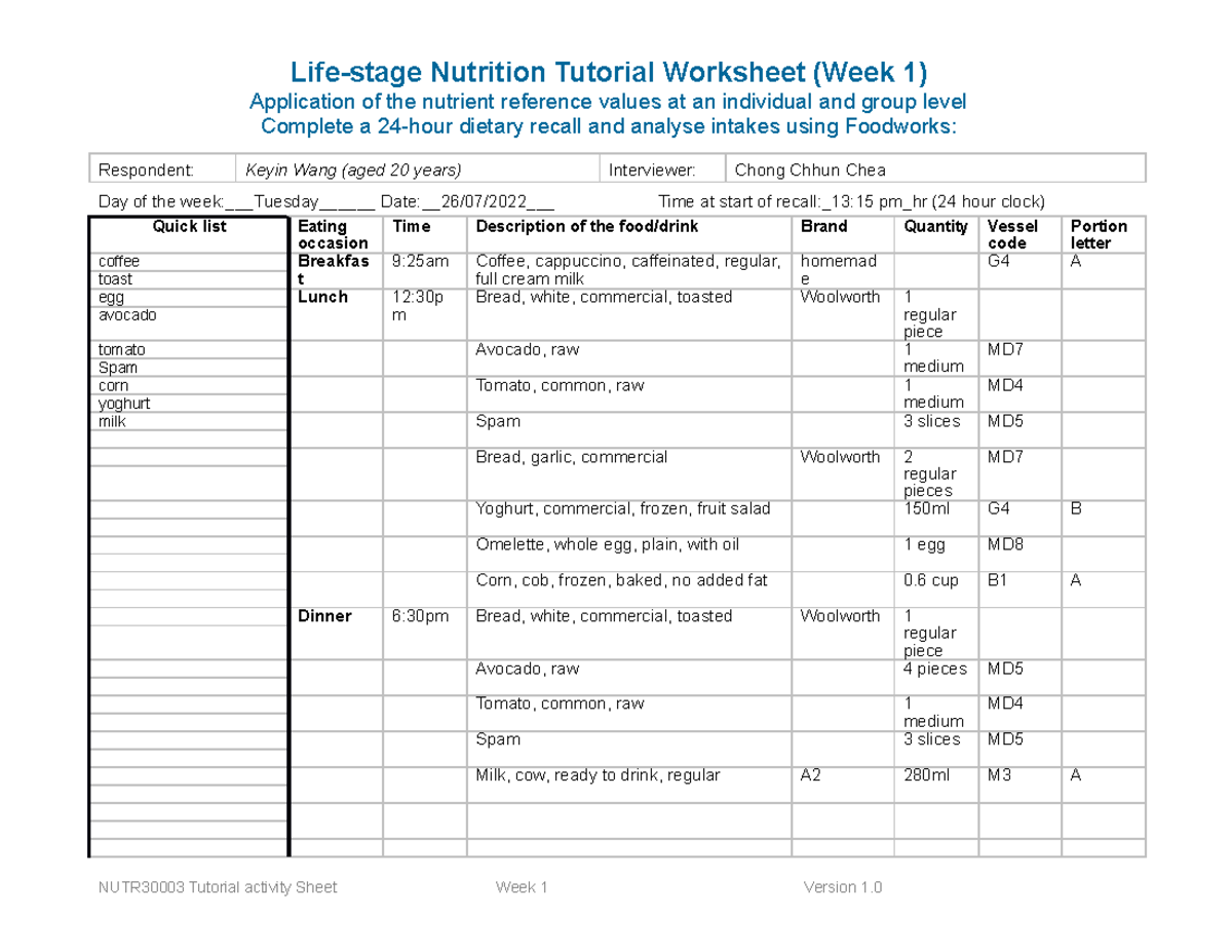 NUTR30003 Tutorial worksheet (Week 1)-3 - Life-stage Nutrition Tutorial ...