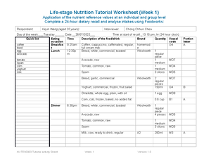NUTR30003 Tutorial worksheet (Week 3)-3 - PART A) Determining the ...