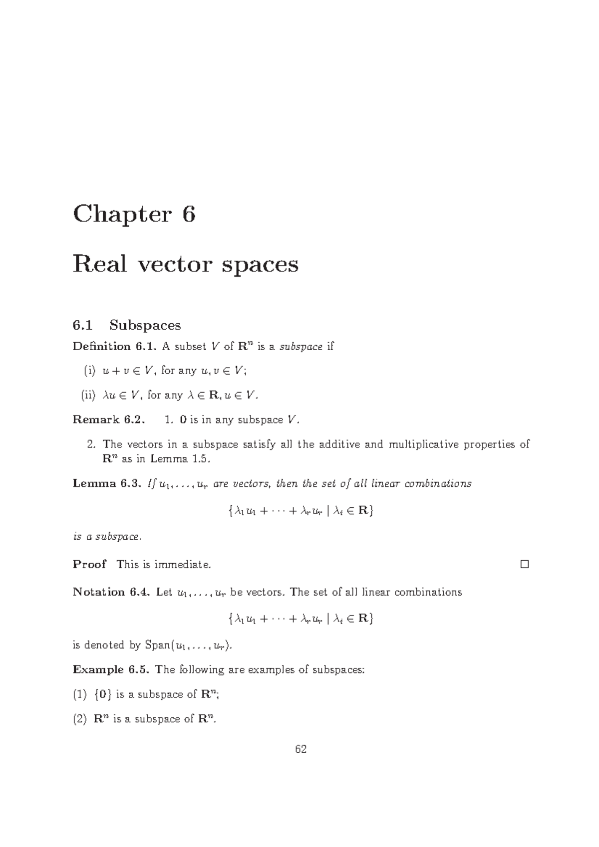 Ch6 pure maths lecture - Chapter 6 Real vector spaces 6 Subspaces Definition 6.1 subsetV ofRnis ...