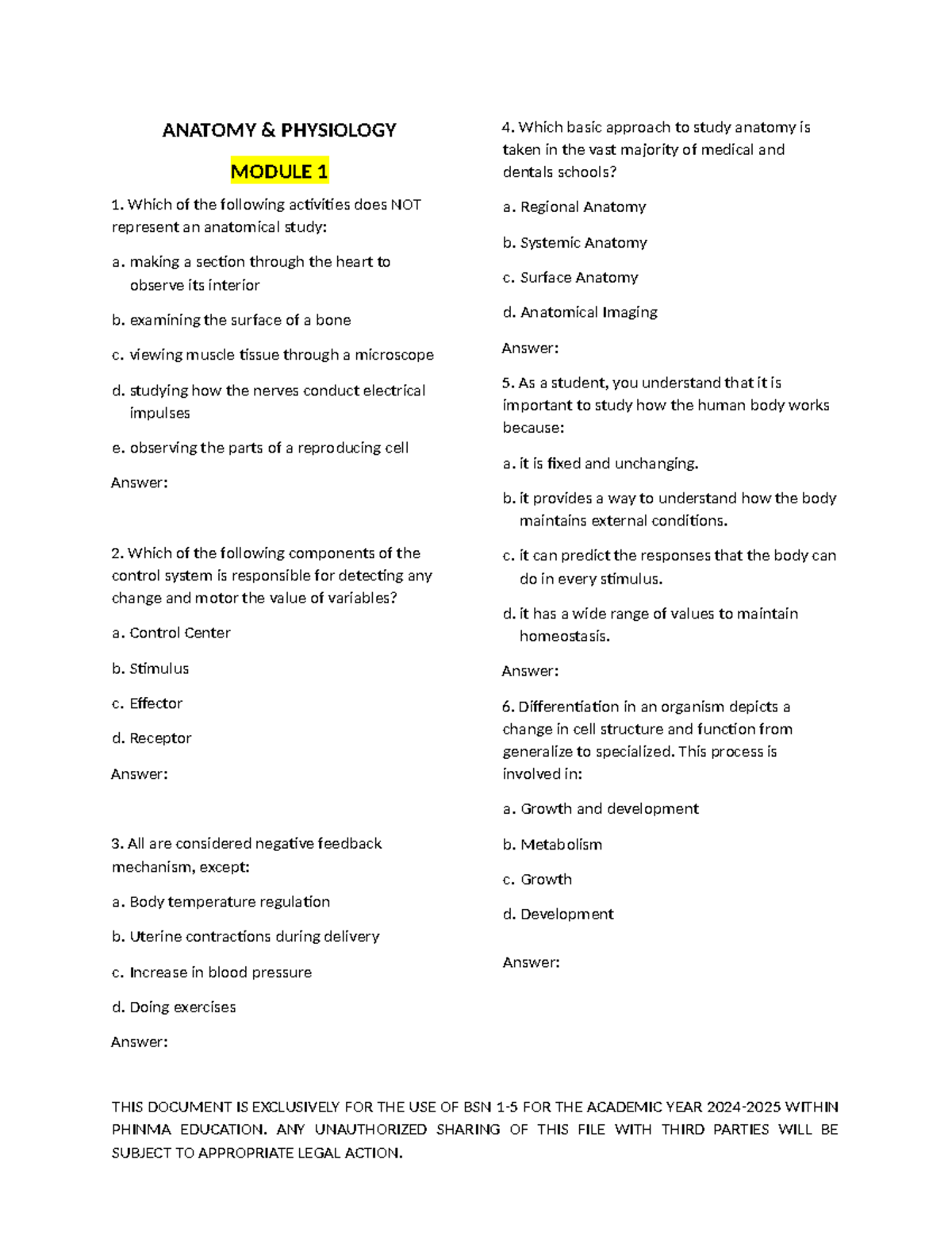 1-5 anaphy review exam - ANATOMY & PHYSIOLOGY MODULE 1 Which of the ...