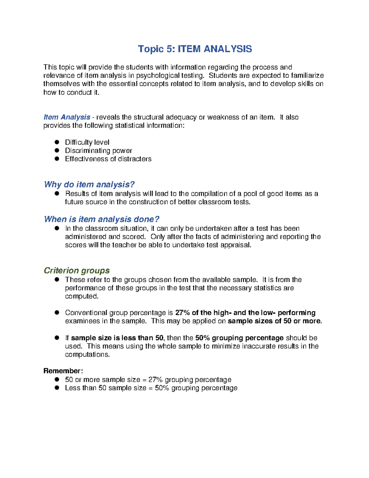 02 Item Analysis 221628141 Topic 5 ITEM ANALYSIS This Topic Will