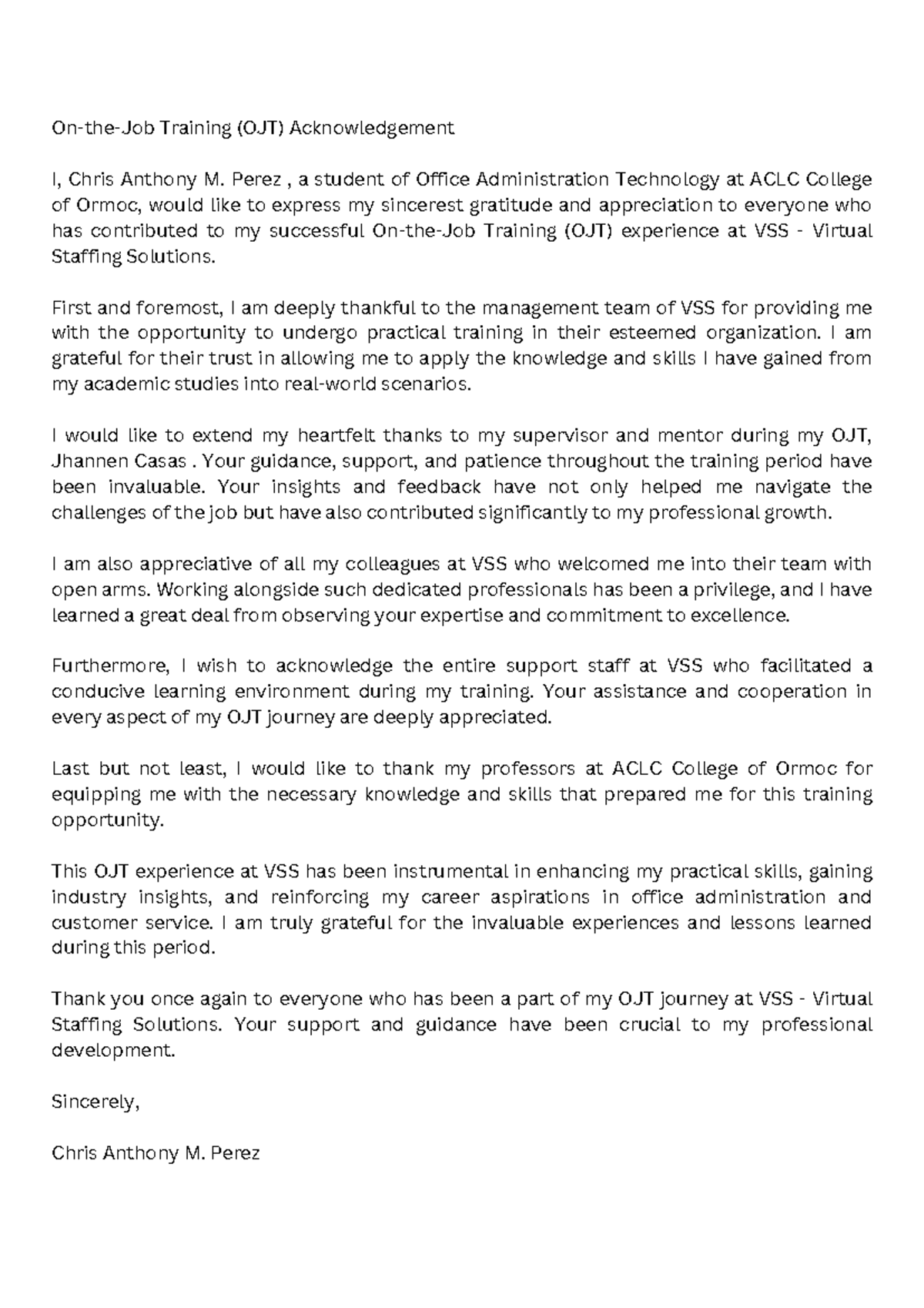 Acknowledgement - Lecture Notes - On-the-Job Training (OJT ...