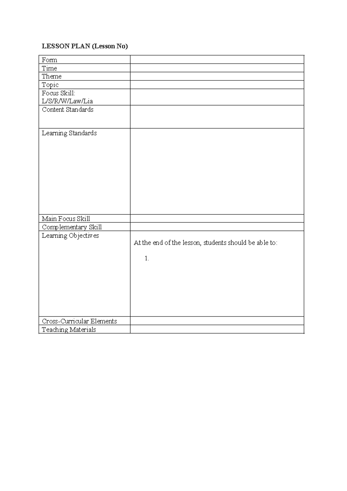 Lesson Plan Format - Microteaching I - LESSON PLAN (Lesson No) Form ...