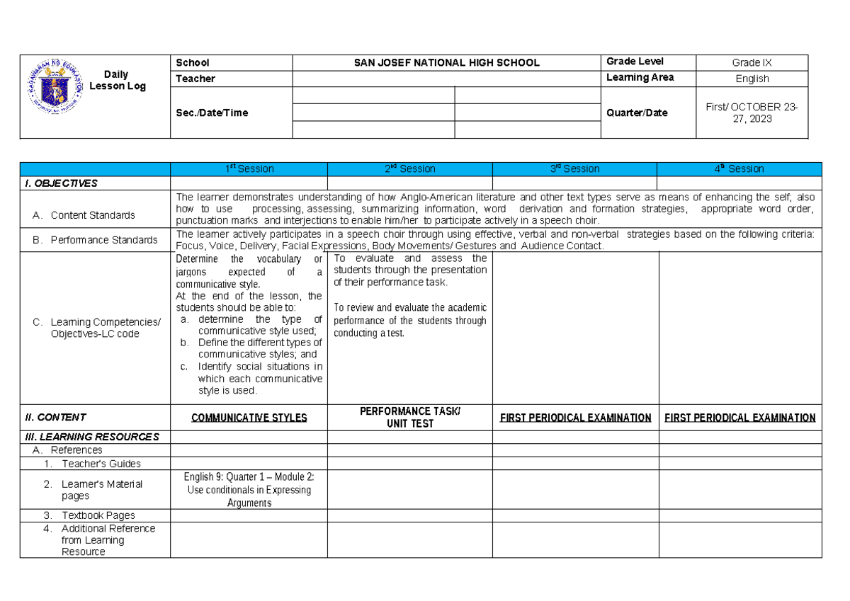 DLL- ENG 9- Q1- W9 - DLL - Daily Lesson Log School SAN JOSEF NATIONAL ...