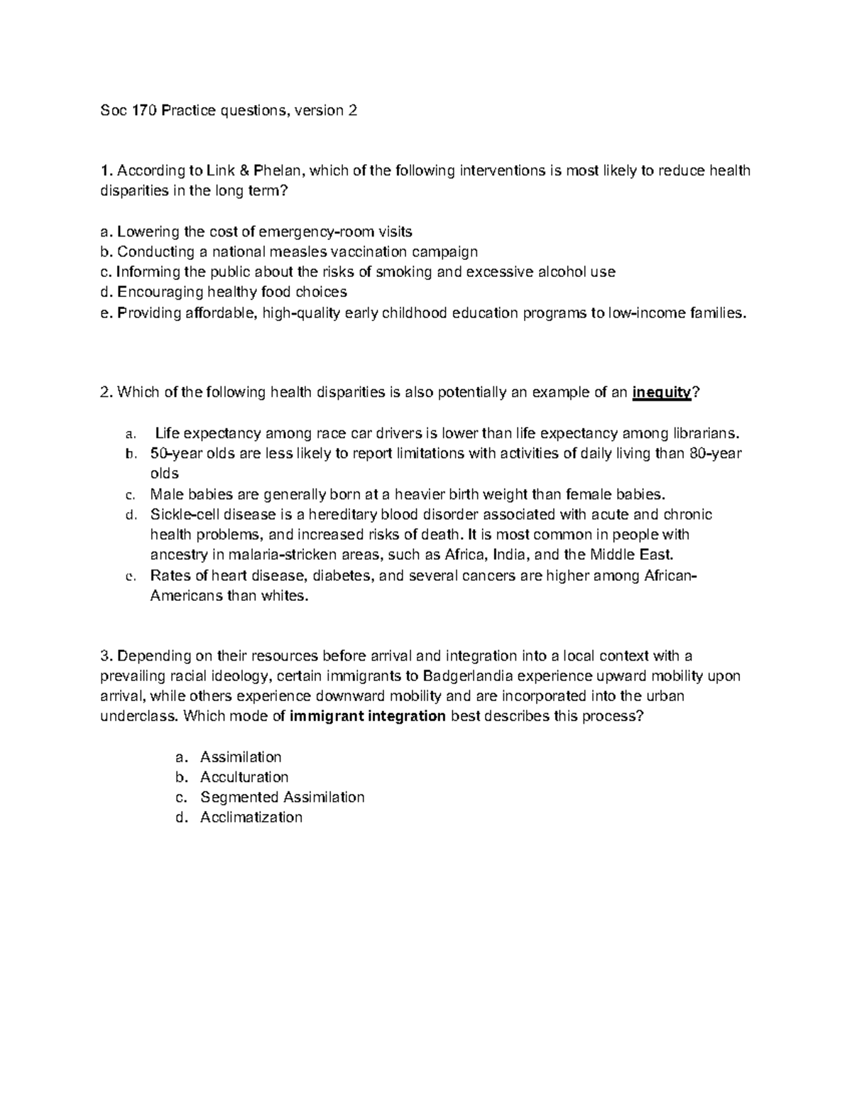 Example Exam Qs v2 - Soc 170 Practice questions, version 2 According to ...
