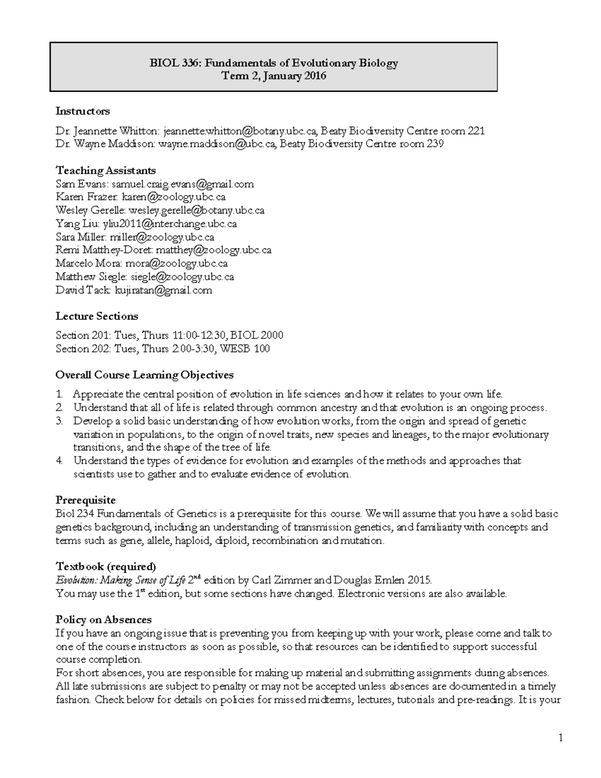 Biol 336 syllabus jan 2016 - 1 BIOL 336: Fundamentals of Evolutionary ...