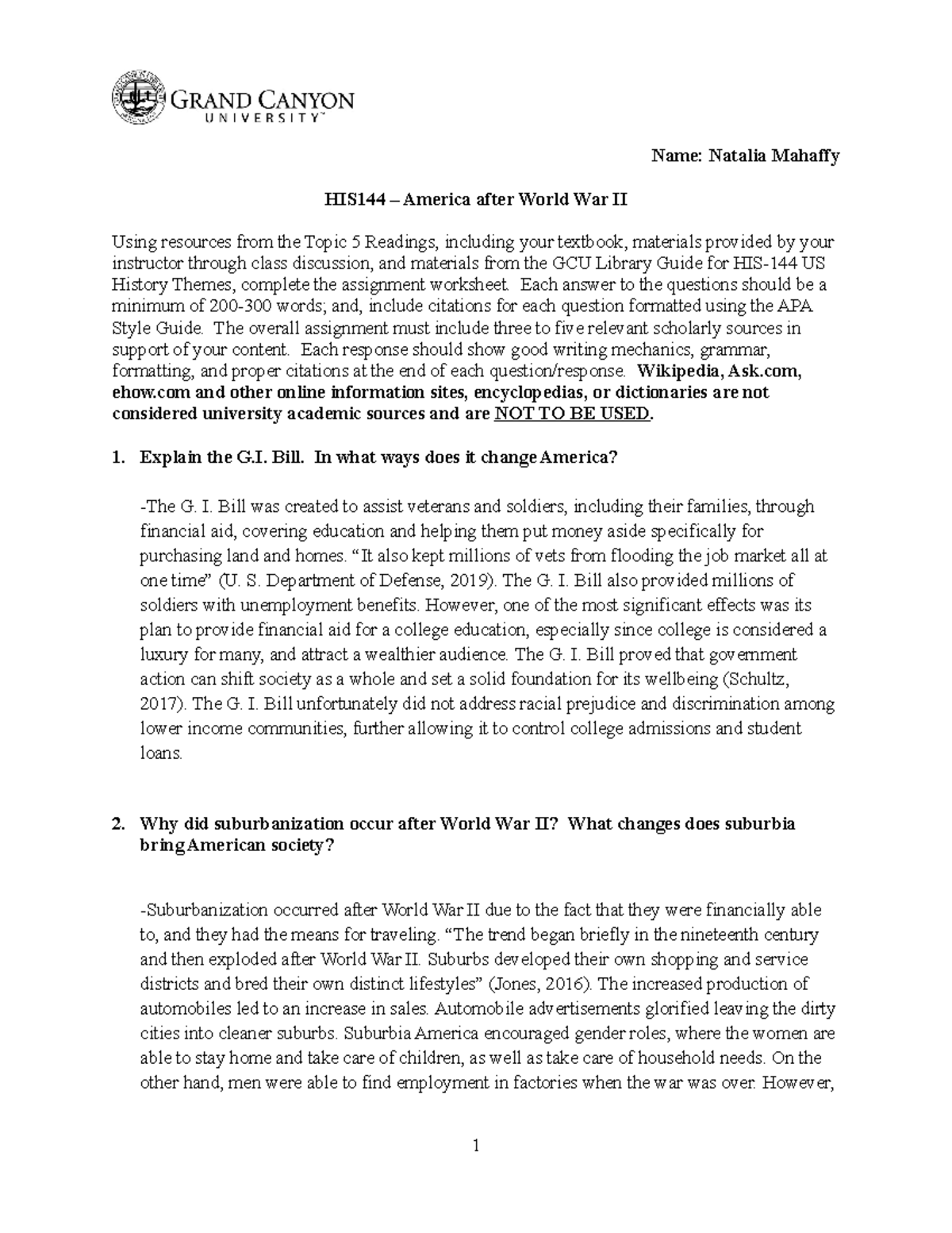 HIS 144 America After WWII - Name: Natalia Mahaffy HIS144 – America ...