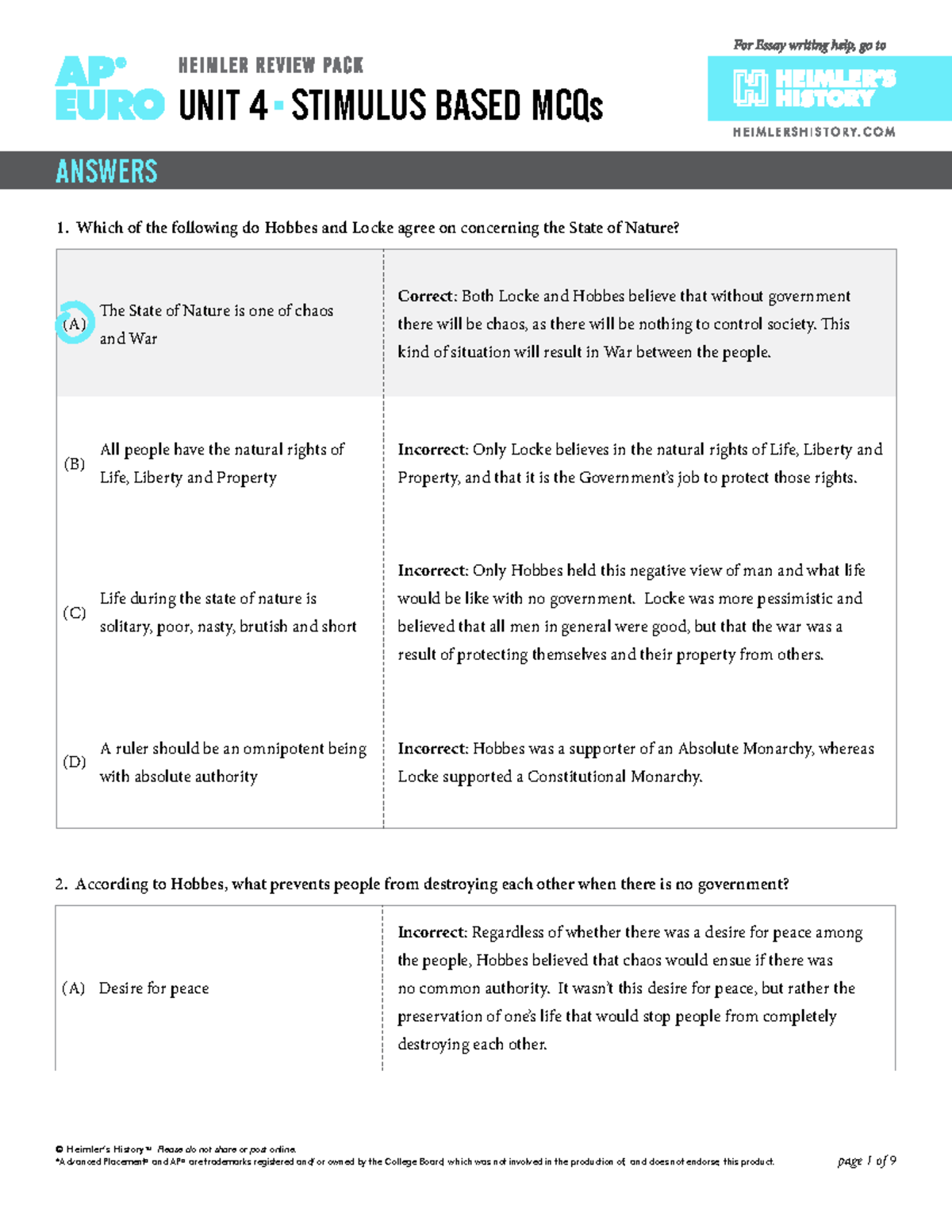 AP EURO HRG Unit 4 MCQ Answers - ANSWERS (A) The State of Nature is one ...