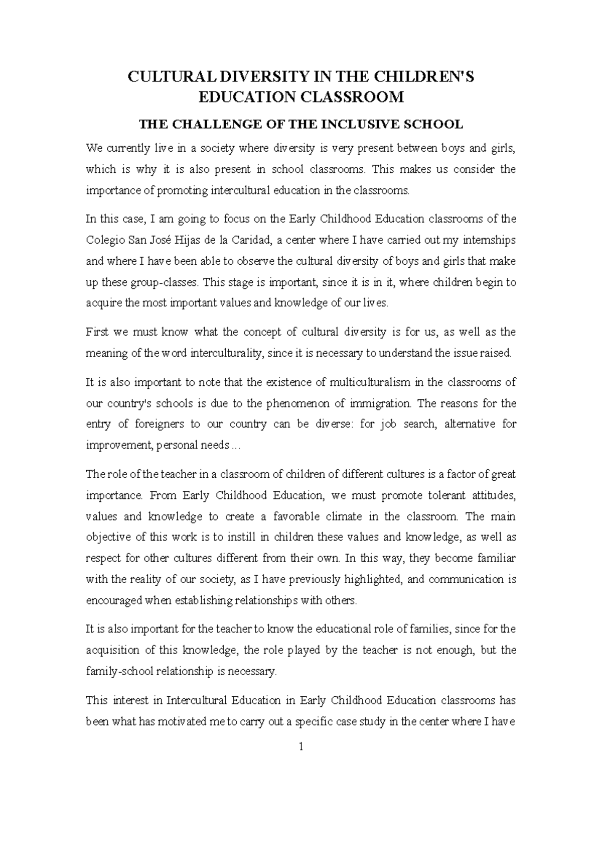 Cultural Diversity IN THE Children'S Education Classroom - 1 CULTURAL ...