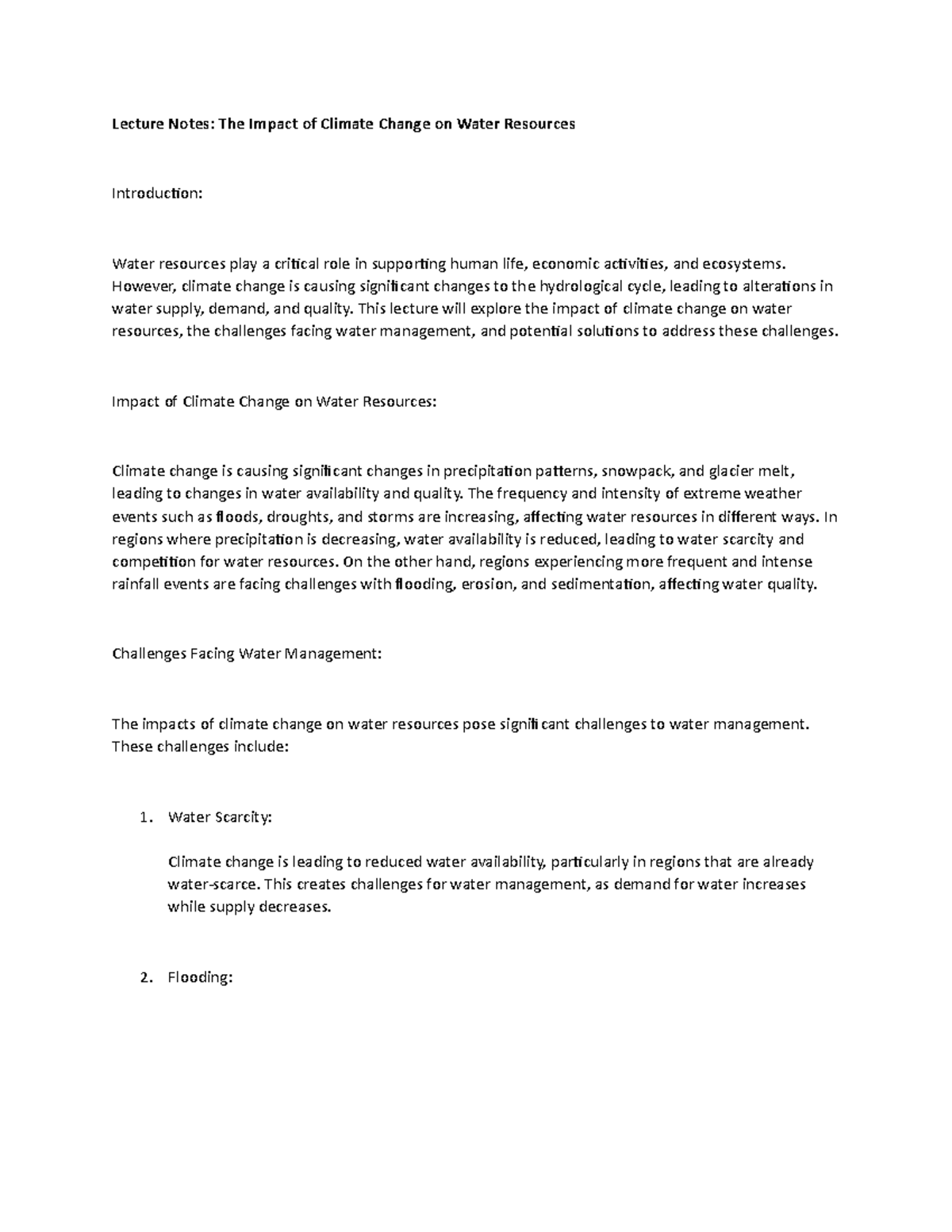 Lecture Notes: The Impact of Climate Change on Water Resources ...