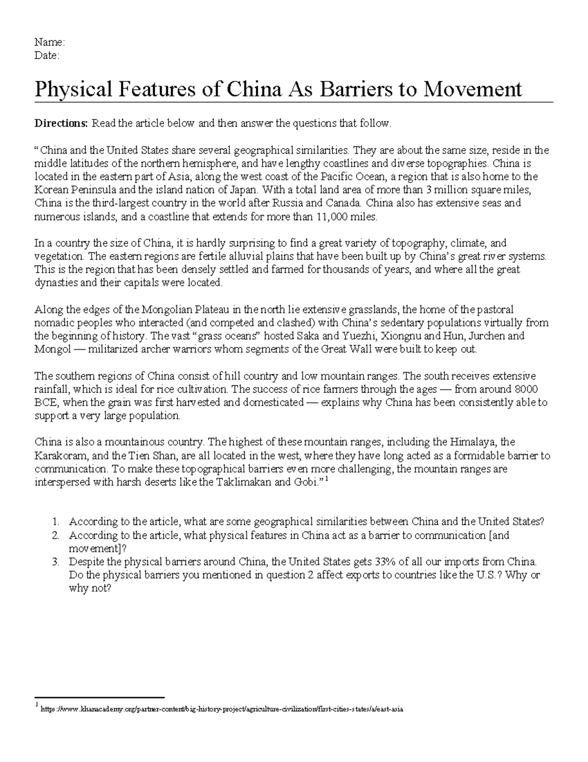 Angela Montgomery - Physical Features of China As Barriers to Movement ...