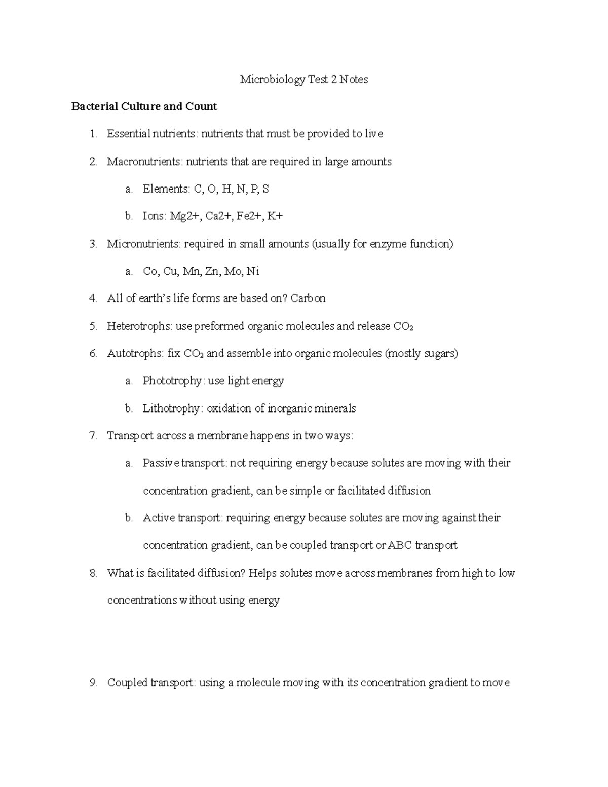 Microbiology Test 2 - Elements: C, O, H, N, P, S b. Ions: Mg2+, Ca2 ...