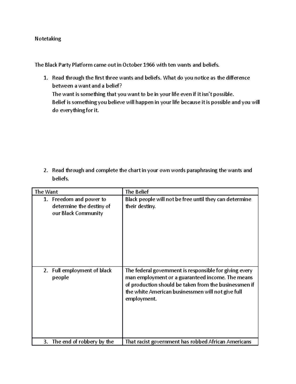 Notetaking worksheet for the Black Panther Platform - Notetaking The ...