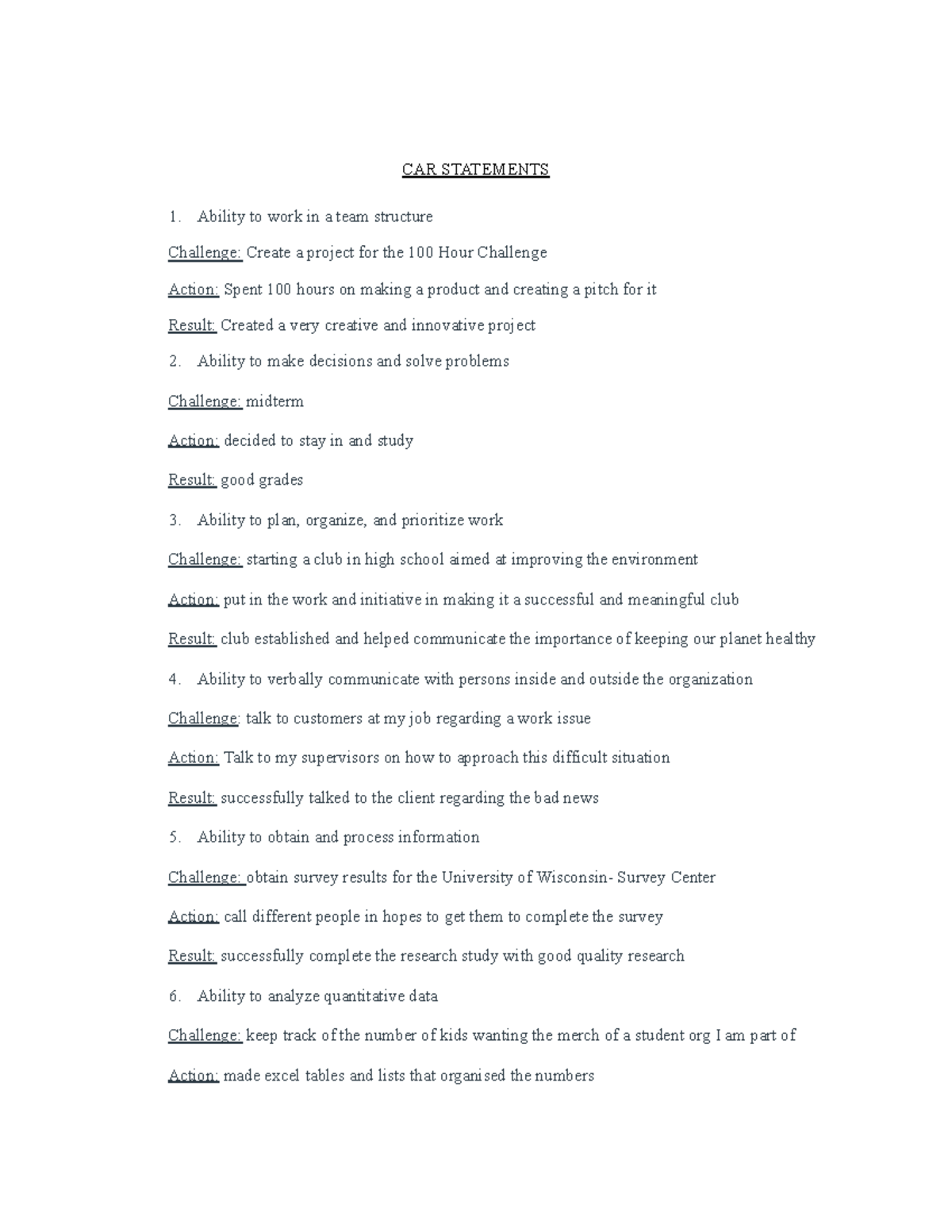CAR Statements - Assignment where students need to write their ...