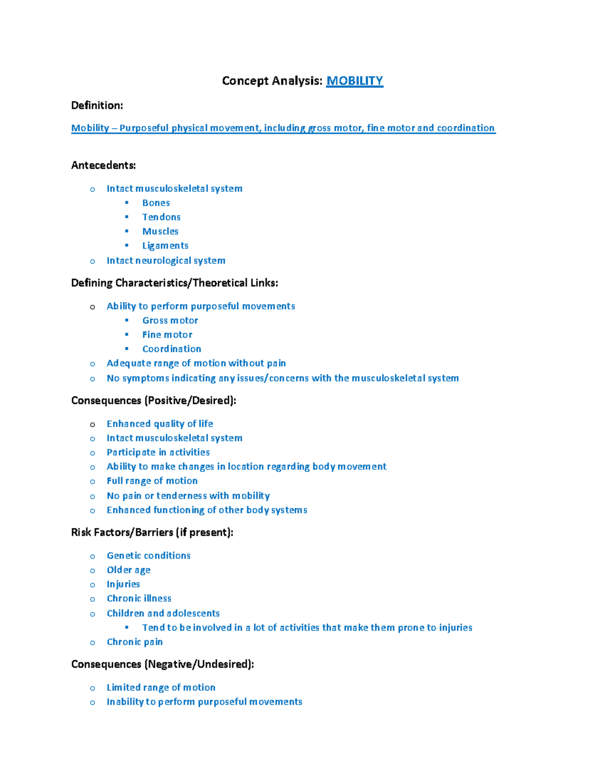Mobility Concept Analysis - Concept Analysis: MOBILITY Definition ...