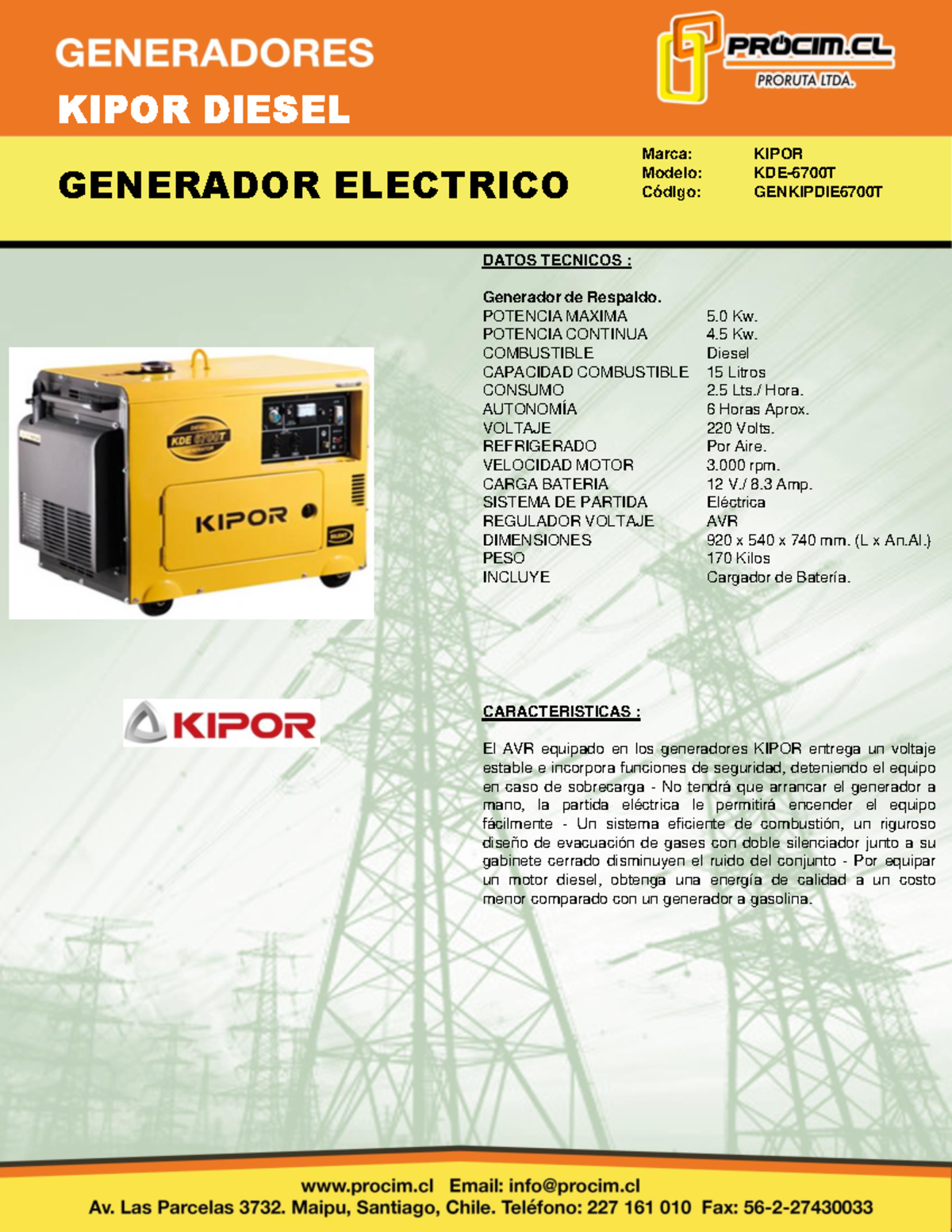 Generador Electrico Kipor KDE-6700T 5000 Watts 220 V-0 - Marca: KIPOR ...