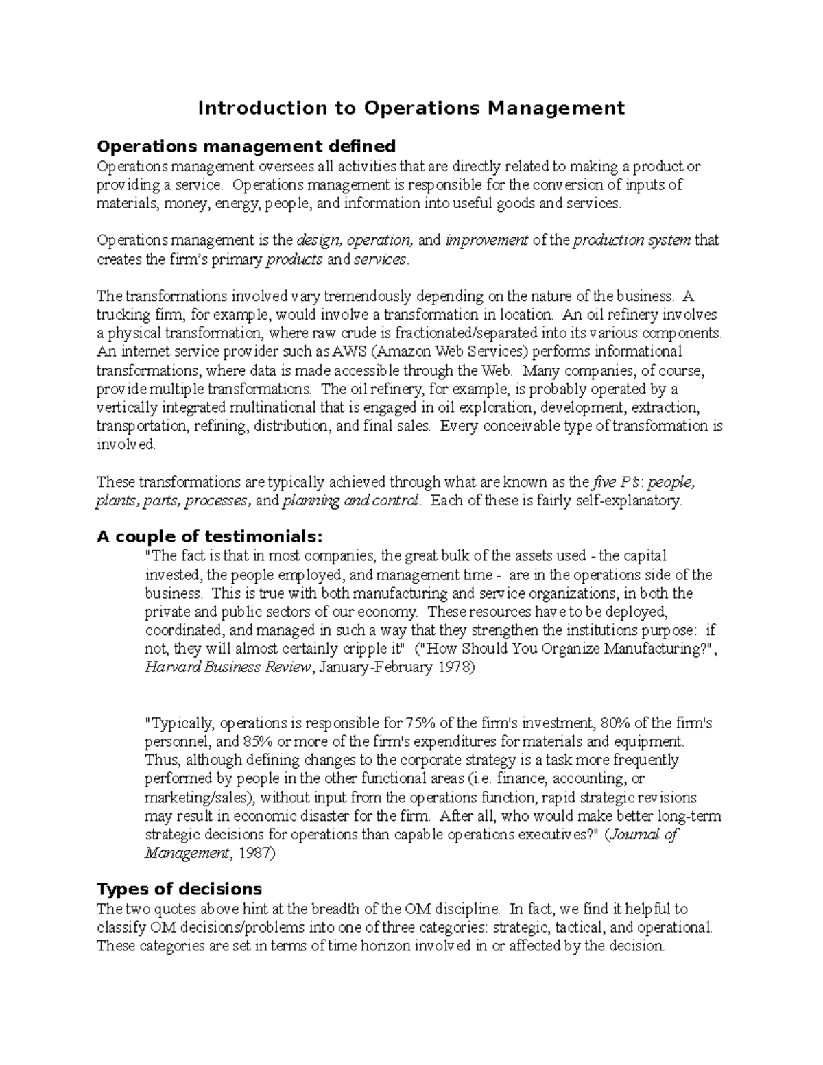 01 Introduction+to+Operations+Management+lecture+note - Introduction to Operations Management ...