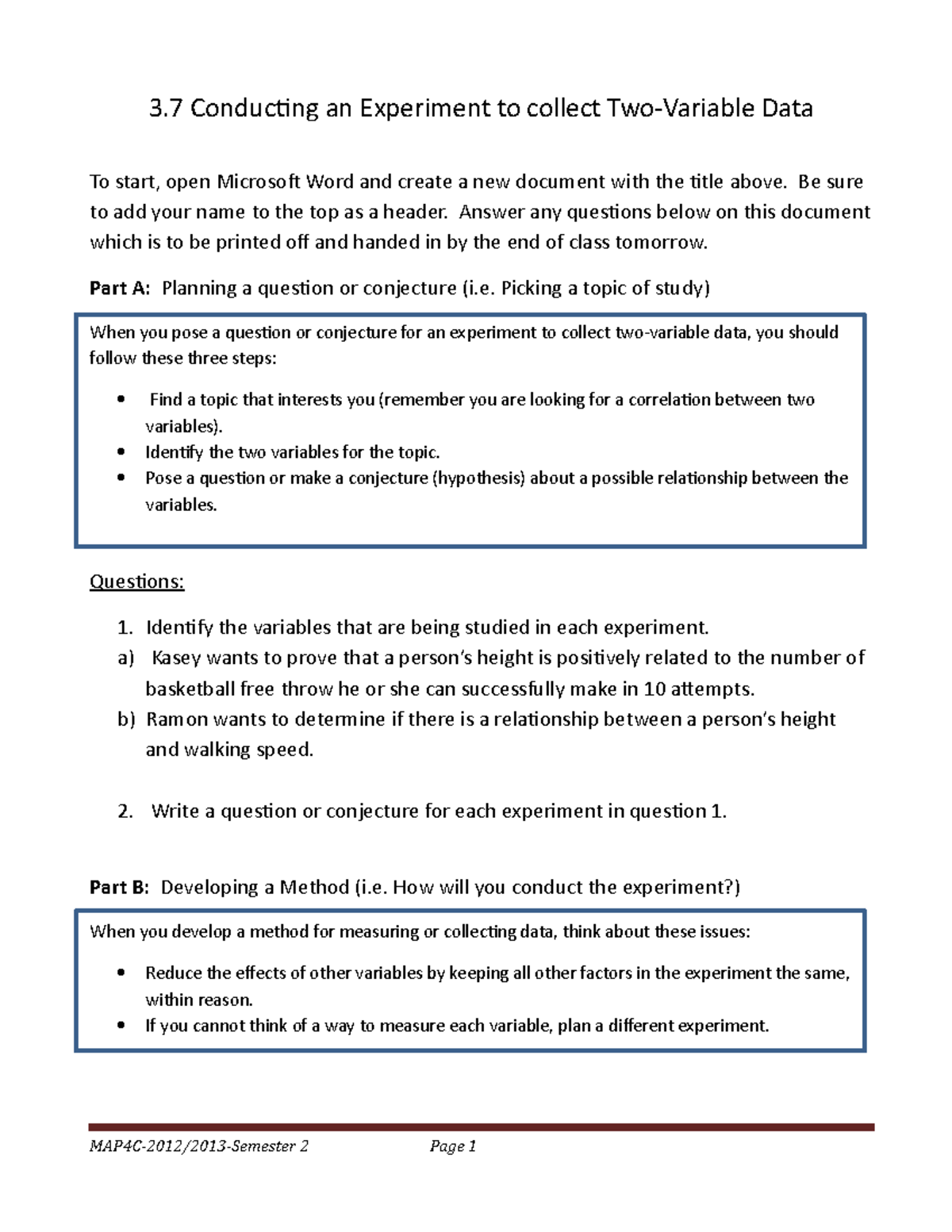 worksheet_designing_an_experiment. - 3 Conducting an Experiment to collect Two-Variable Data To ...