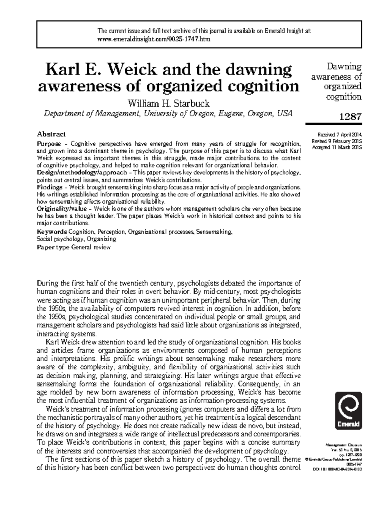 02 Starbuck (2015 ) Karl Weick and the dawning awareness of organized ...