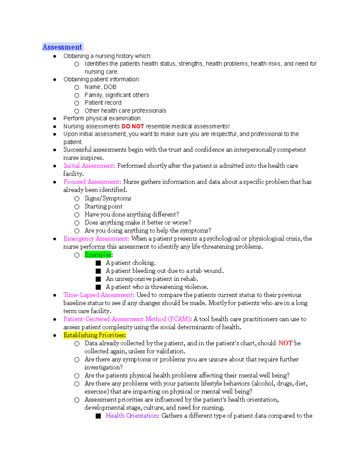 Nursing Process - Assessment Obtaining a nursing history which ...