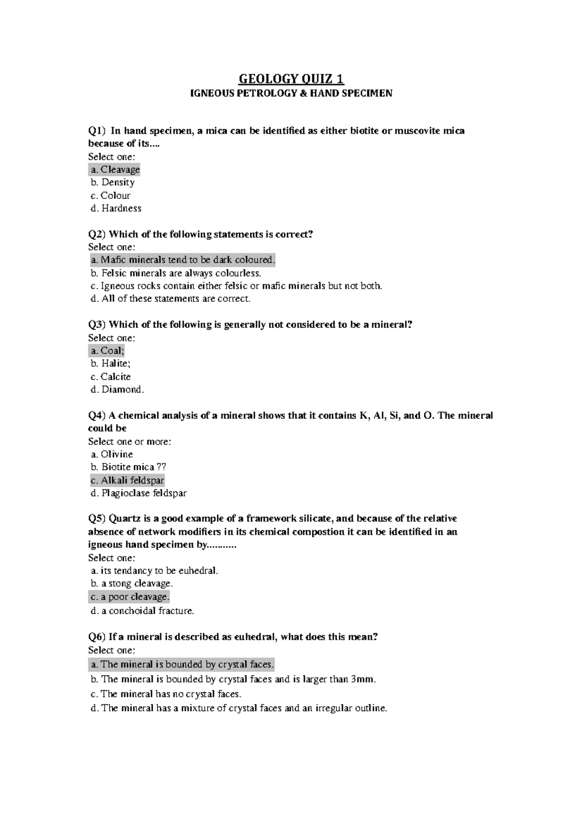 Practical - assessed quiz 1 questions and answers - GEOLOGY QUIZ 1 ...