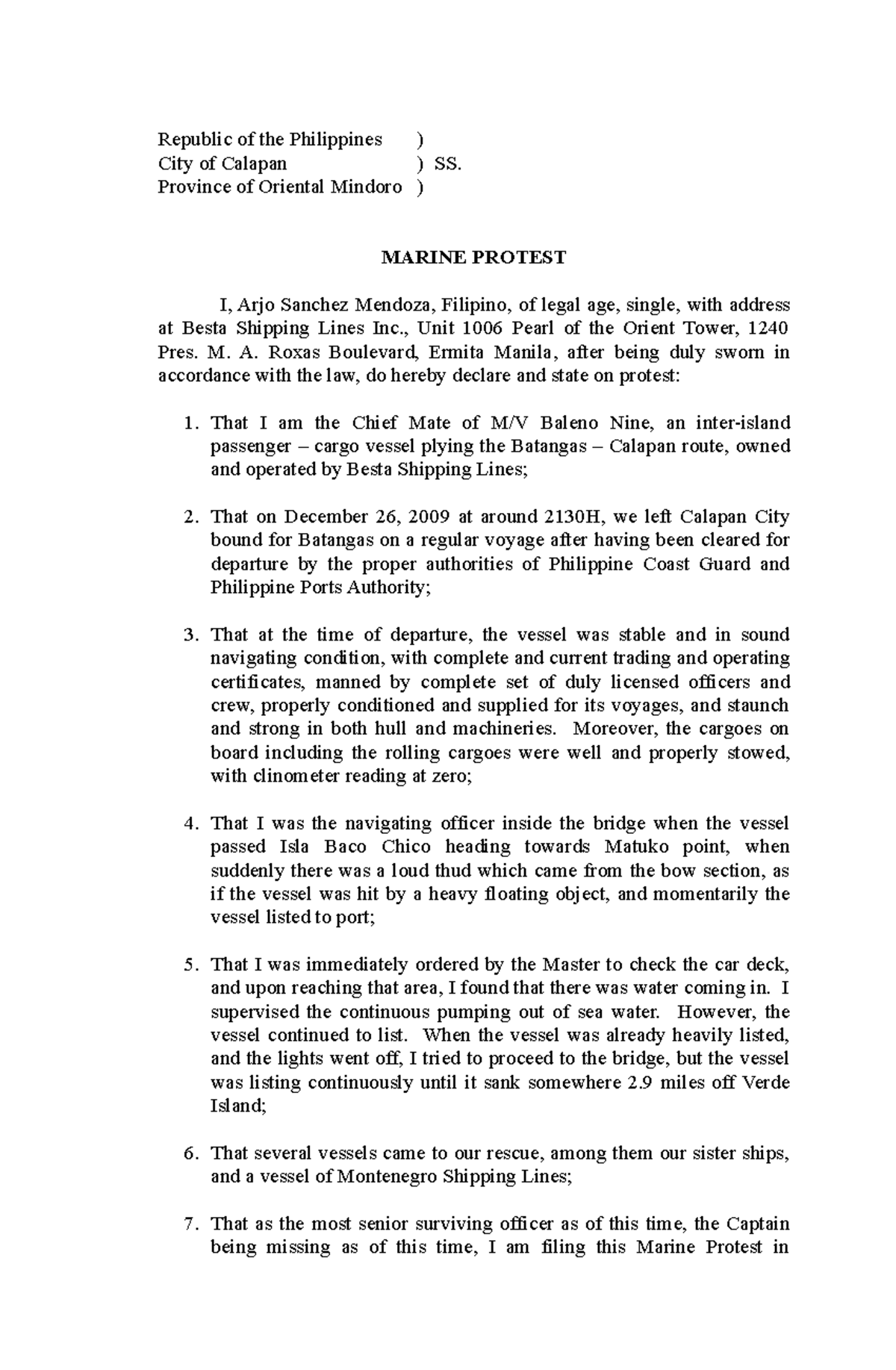 4. Marine Protest example - Republic of the Philippines ) City of ...