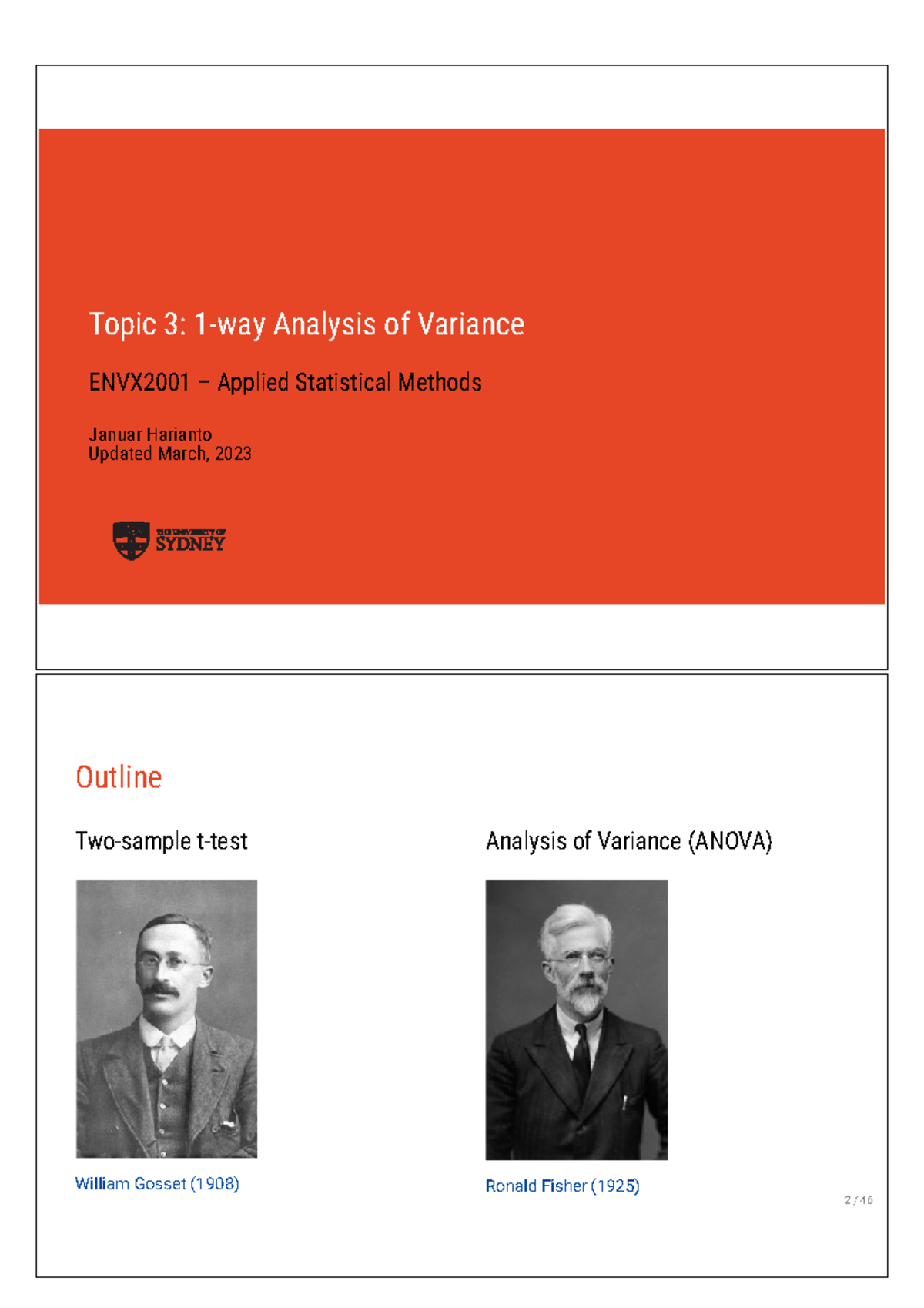 Envx2001 w3 lecture - Topic 3: 1-way Analysis of Variance ENVX2001 – Applied Statistical Methods ...