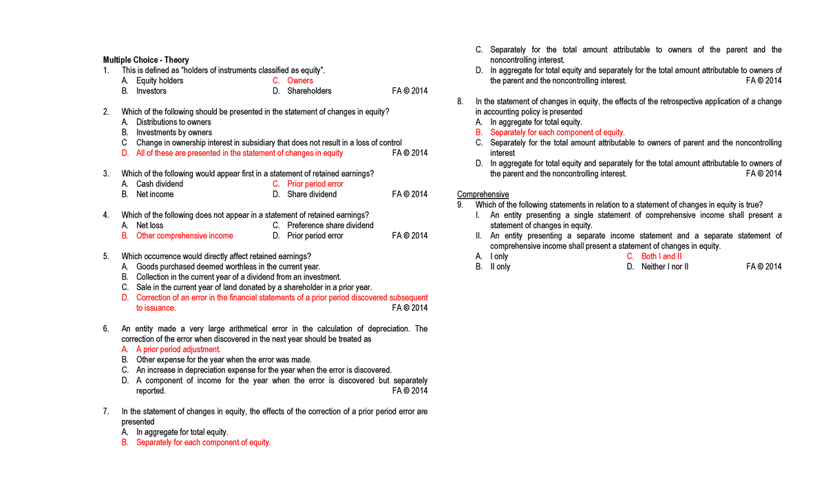 Statement of changes in equity - Multiple Choice - Theory This is ...