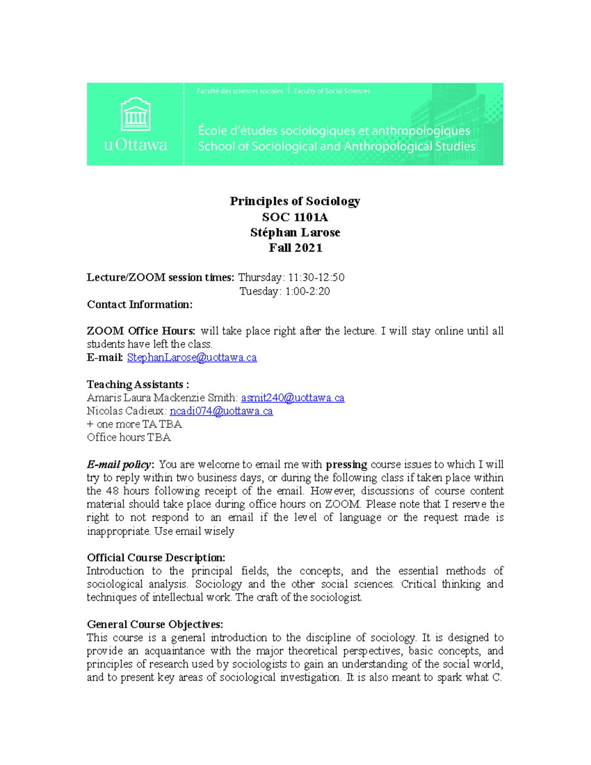 SOC1101 - Syllabus - Principles of Sociology SOC 1101A Stéphan Larose ...