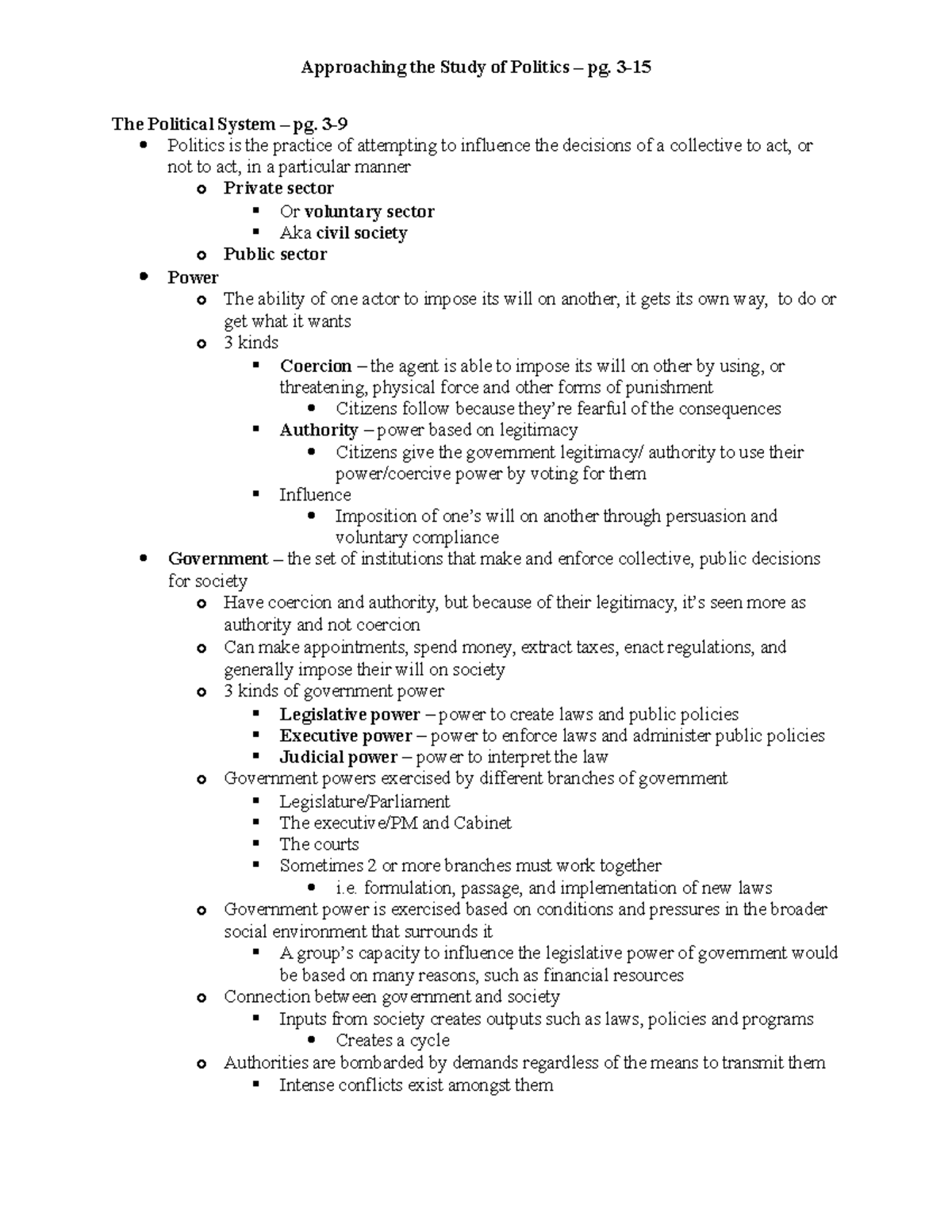 Chapter 1 notes - Approaching the Study of Politics pg. The Political ...