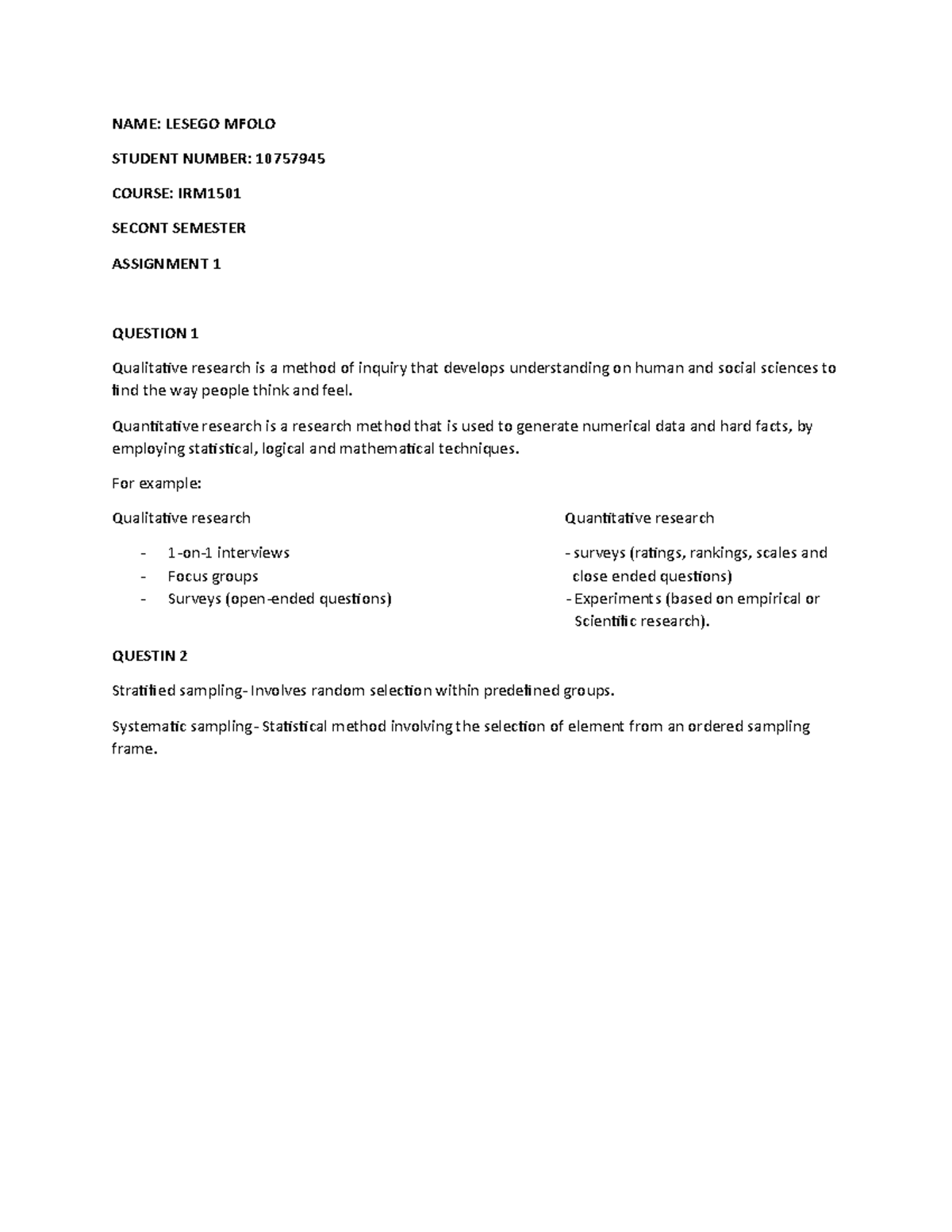 IRM1501 Assignment 1 - NAME: LESEGO MFOLO STUDENT NUMBER: 10757945 ...