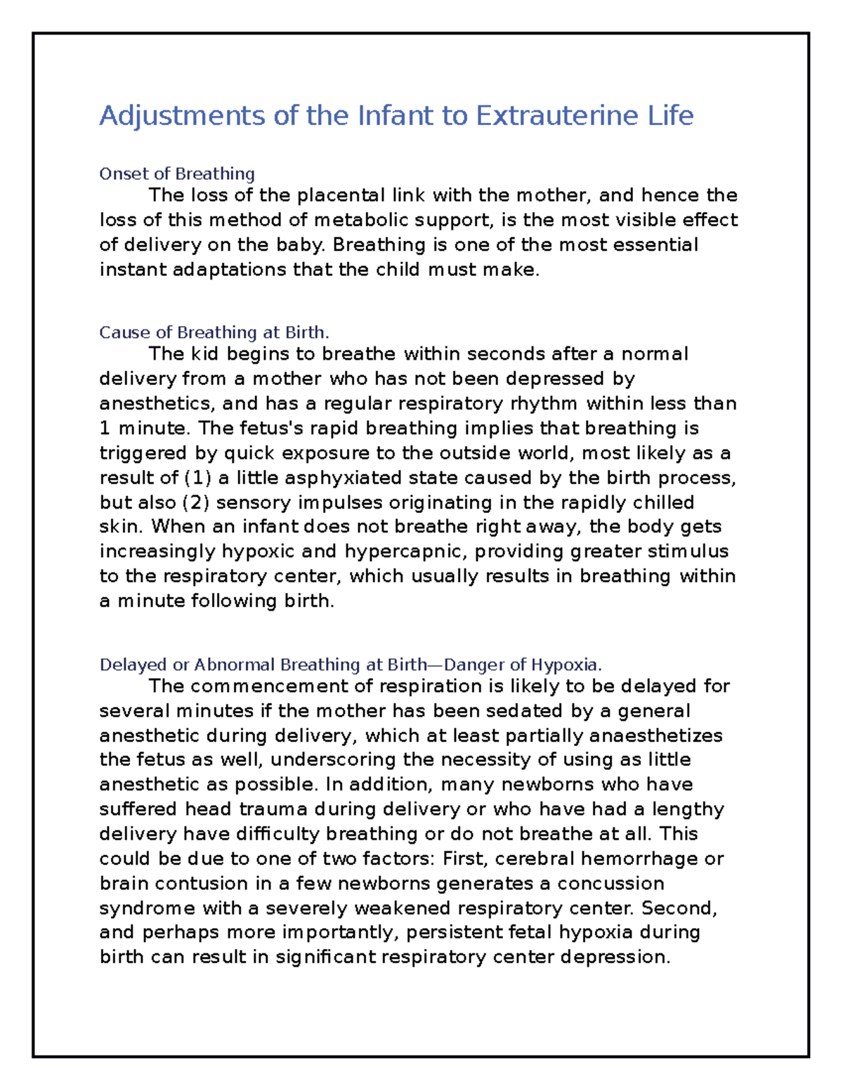 Detail NOTE ON Adjustments of the Infant to Extrauterine Life - Adjustments of the Infant to ...