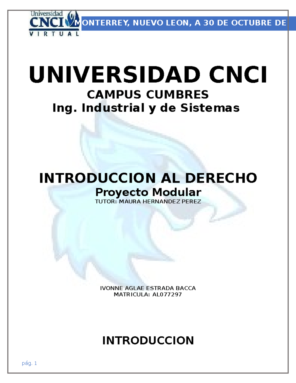 Proyecto Modular Introduccion al Derecho Ivonne Aglae Estrada Bacca - UNIVERSIDAD CNCI CAMPUS ...