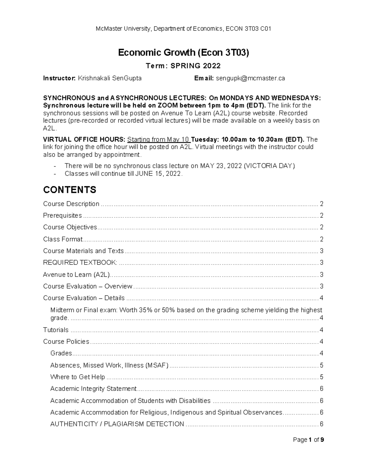 Econ 3T03 Course Outline Spring 2022 - Economic Growth (Econ 3T03) Term ...