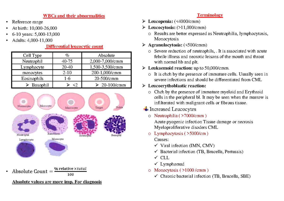 WBCs - Internal Medicine - WBCs and their abnormalities Reference range At birth: 10,000-26, 6 ...