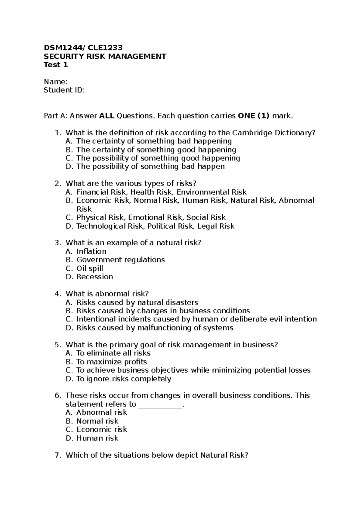 Sec Risk Mngt (test 1)- This is a practice material - DSM1244/ CLE ...