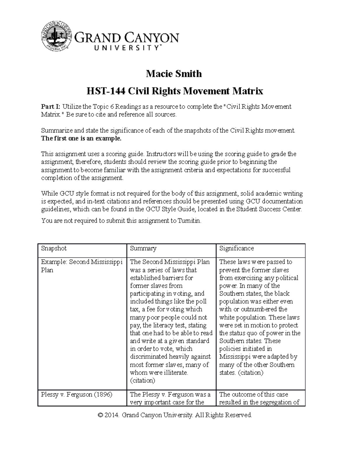 HIS144 Civil Rights Movement Matrix - Macie Smith HST-144 Civil Rights ...