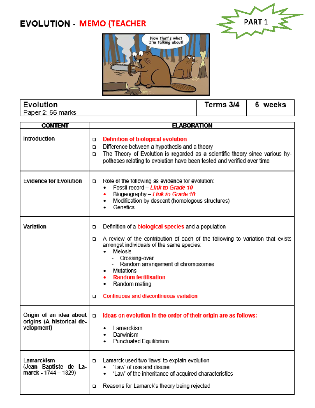 Evolution learner pack MEMO 2 - MEMO (TEACHER PART 1 PACK) TERMINOLOGY ...