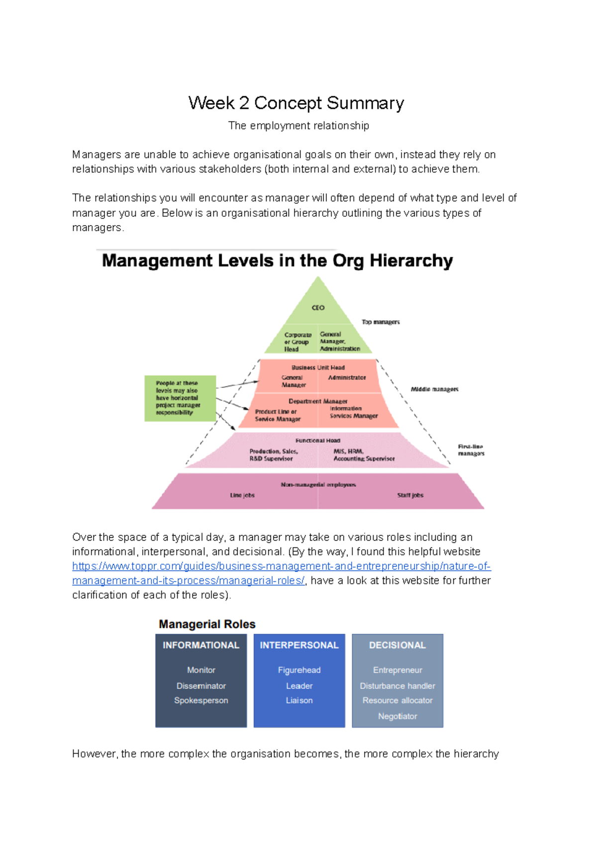BSB115 - Weekly Summaries - Week 2 Concept Summary The employment ...