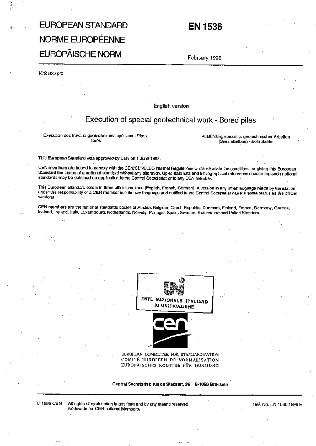 BS EN 1536-1999 - Execution of Special Geotechnical Work Bored Piles ...
