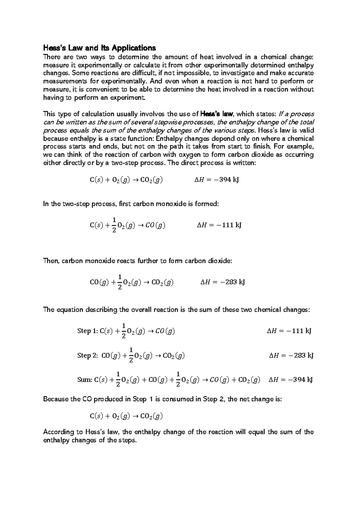 Thermochemistry Lesson 6 - Hess’s Law - Hess’s Law and Its Applications ...