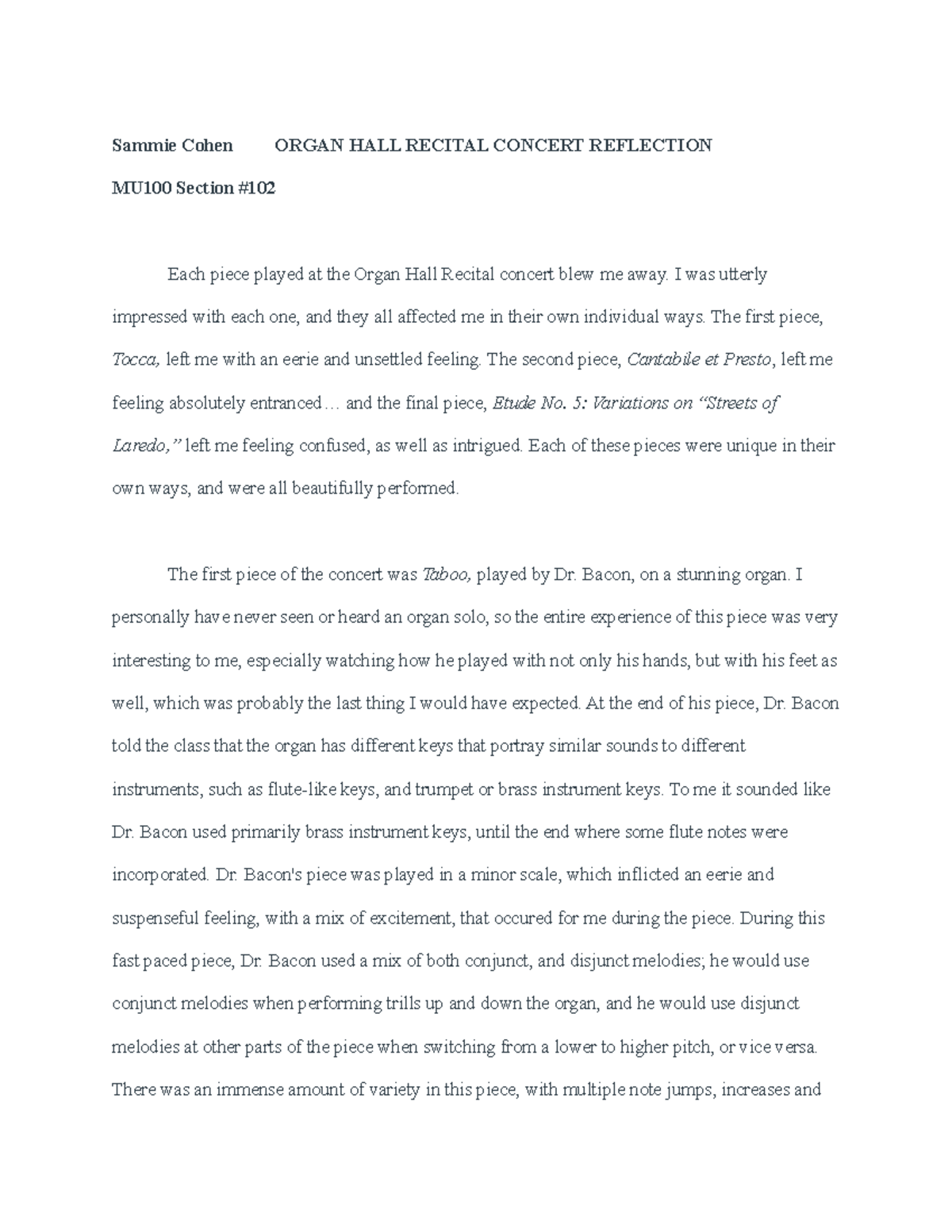 Music App. Required Paper 1 - Sammie Cohen ORGAN HALL RECITAL CONCERT ...