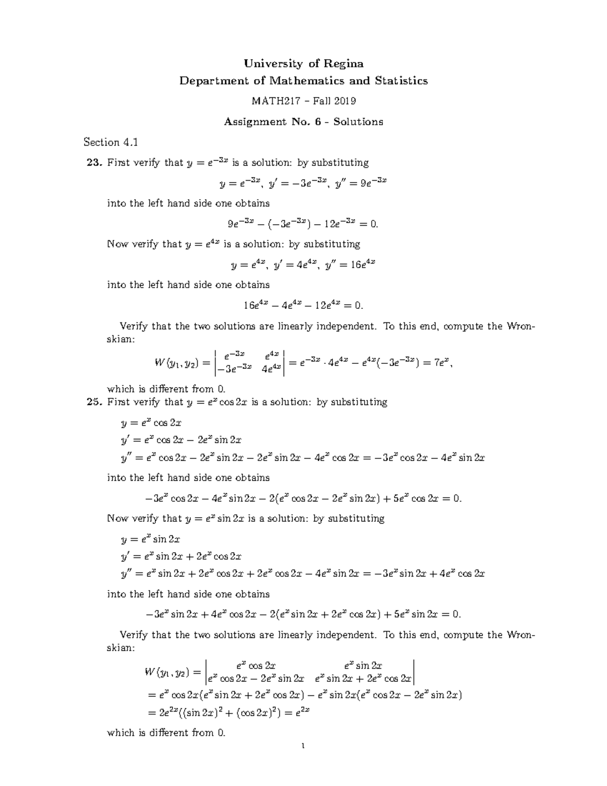 Homework 6 Solutions - differential equations - University of Regina ...