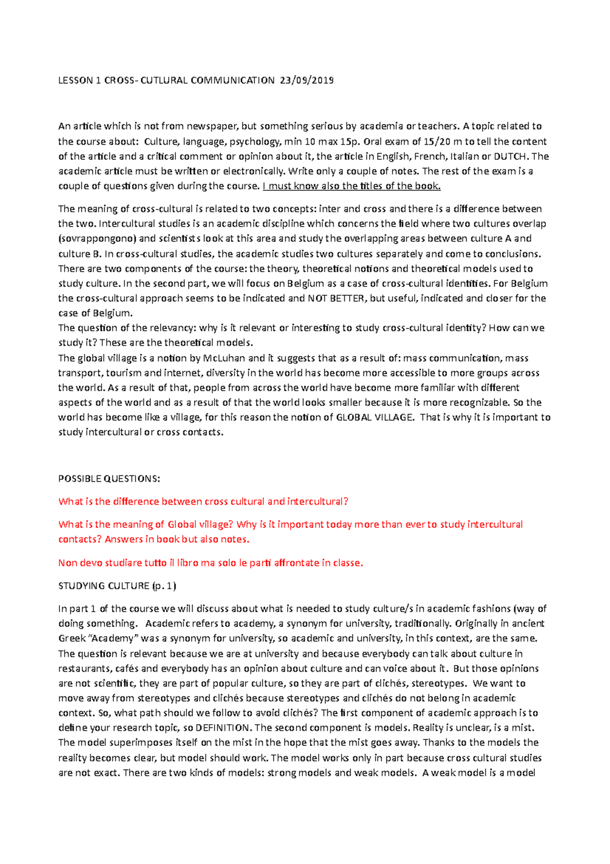 Lesson 1 AND 2 CCC - Notes de cours 1,2 - LESSON 1 CROSS- CUTLURAL ...