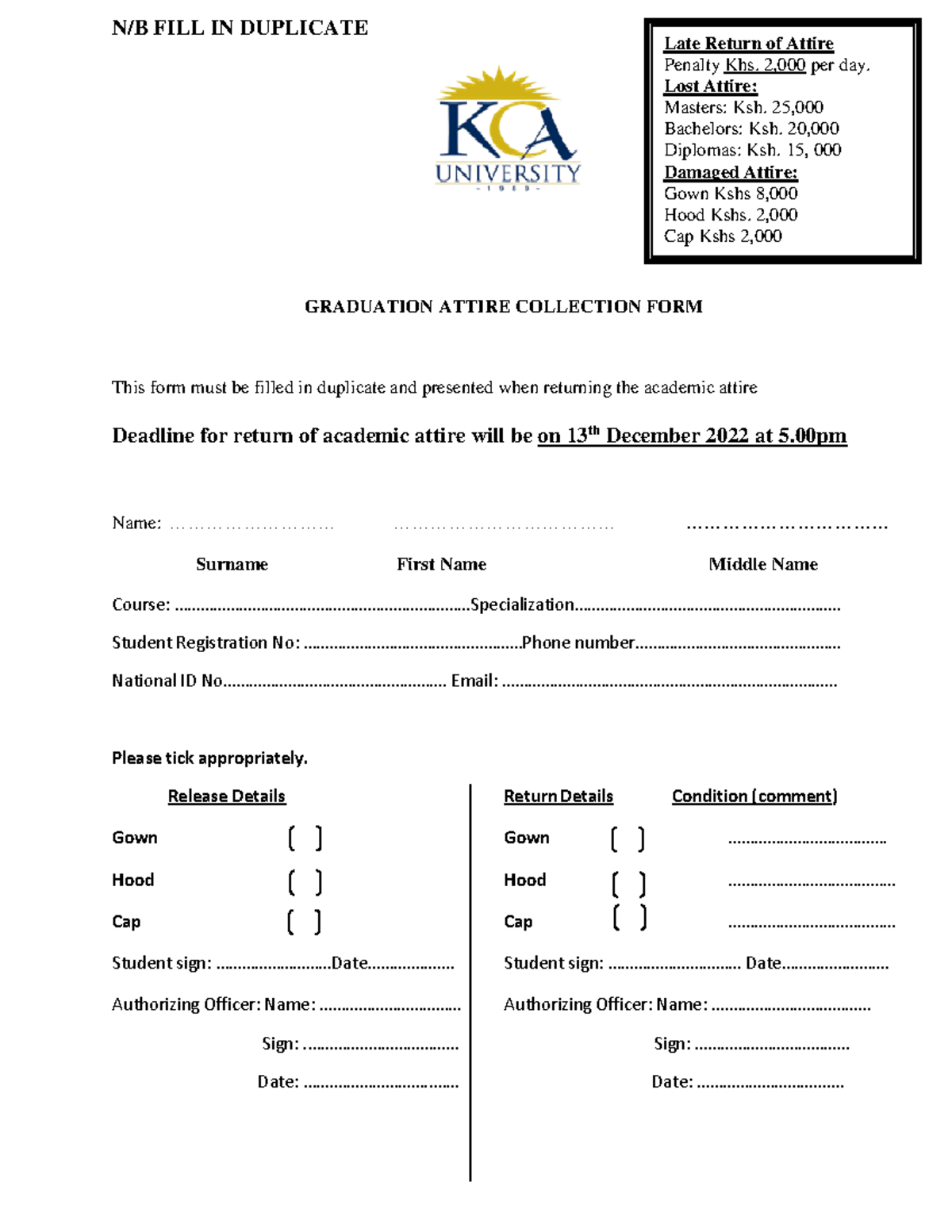 Graduation Attire Collection FORM 2022 - N/B FILL IN DUPLICATE ...
