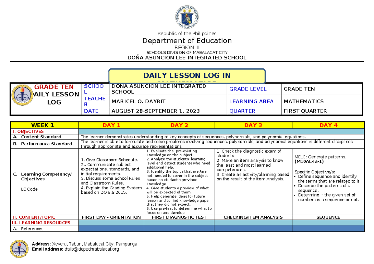 Q1 week 1 MATH 10 DLL S - Daily Lesson Log on Sequence - Address: Xevera, Tabun, Mabalacat City ...