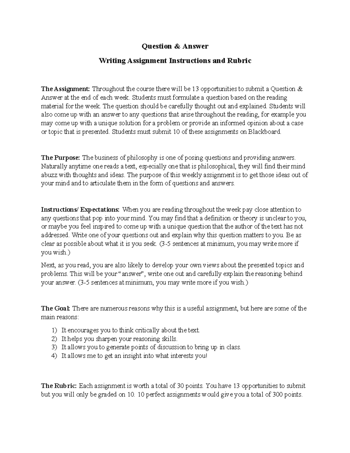 Question and Answer Rubric - Question & Answer Writing Assignment ...